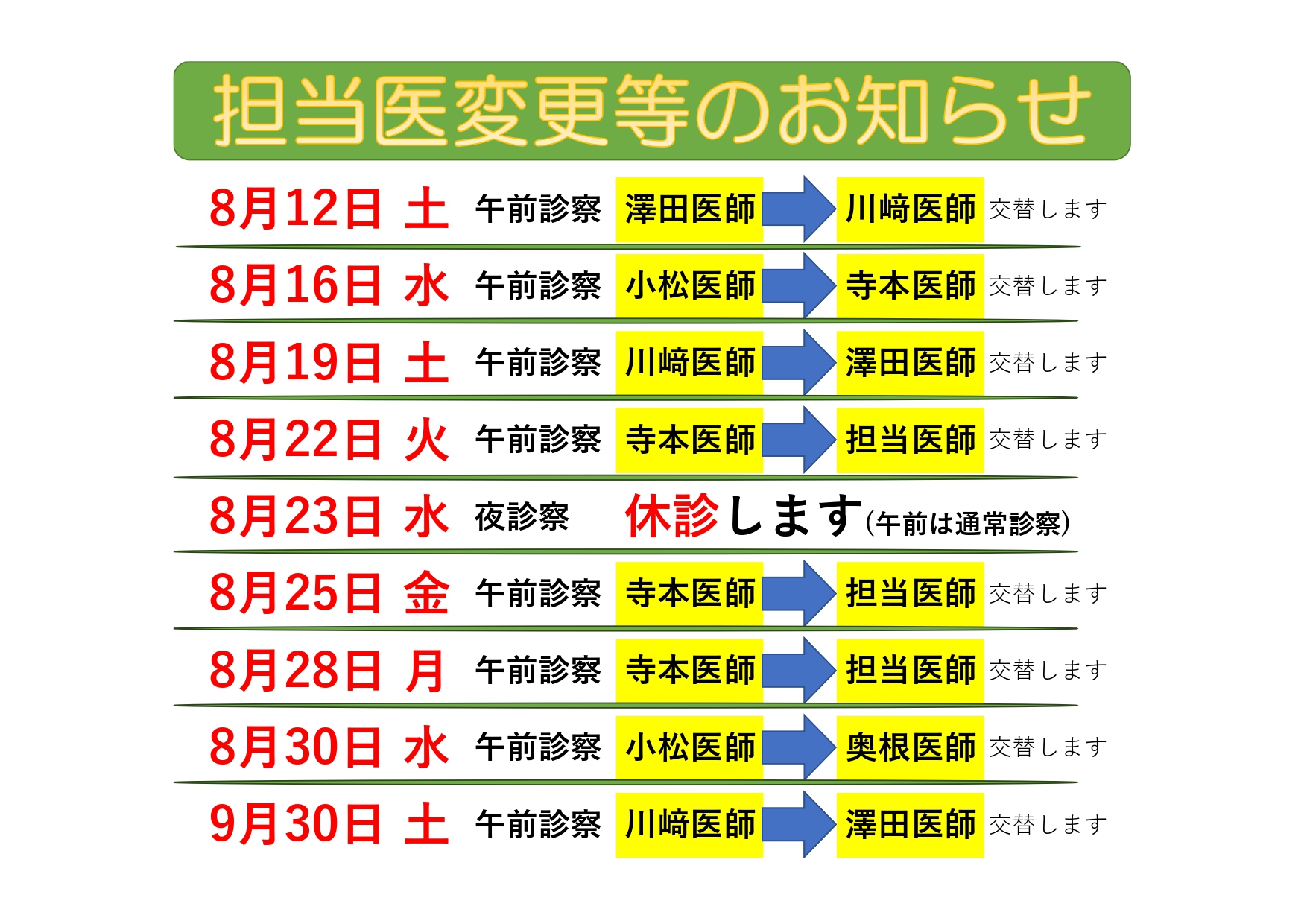 「担当医変更等のお知らせ」掲載（更新）しました ふくちやま協立診療所